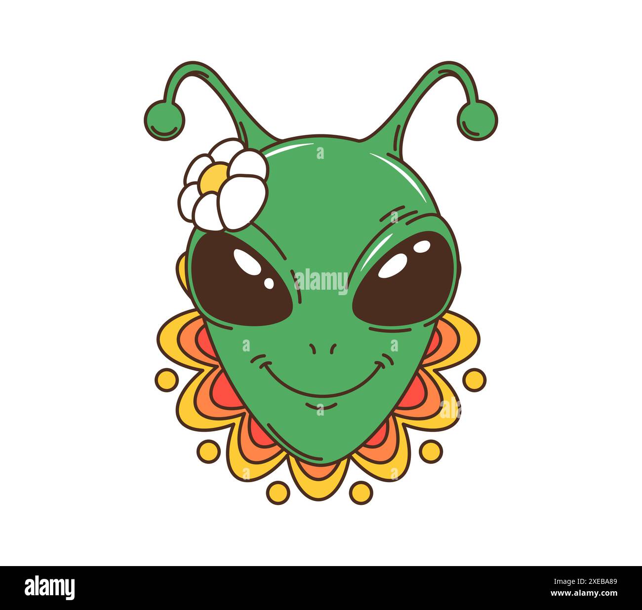 Cartoon groovy space character of funny alien with daisy flowers ...