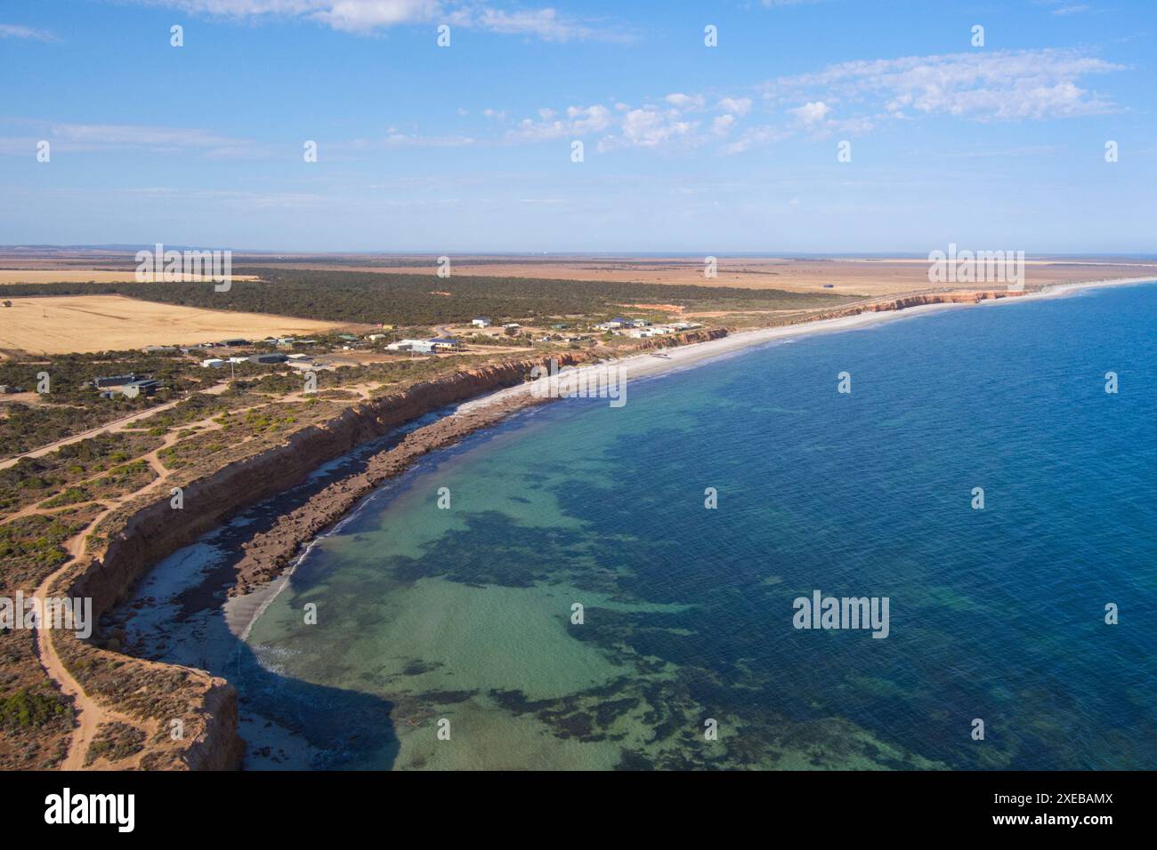 Aerial of the fishing shack coastal village of Port Gibbon Eyre ...