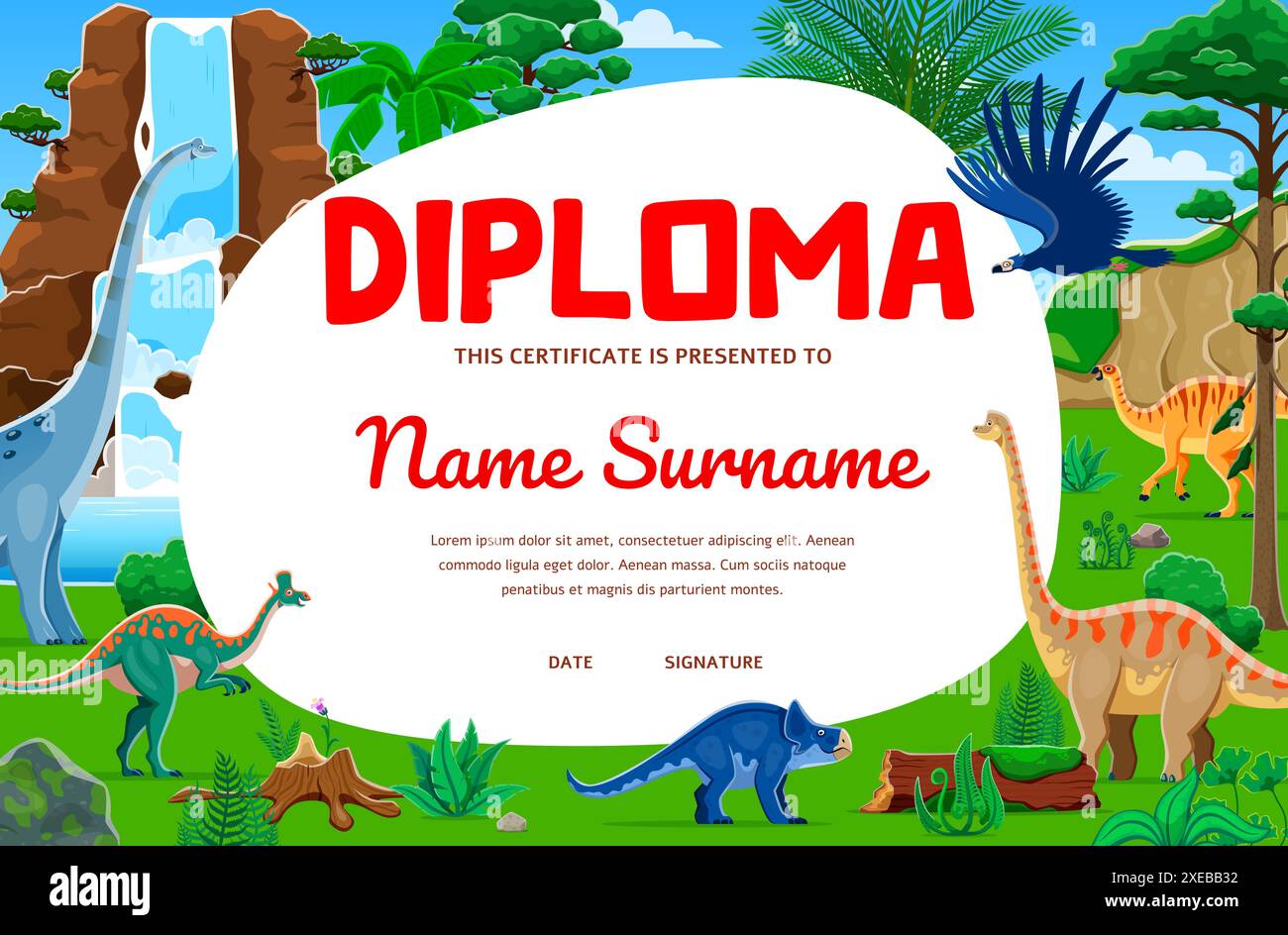 Kids diploma, dinosaurs in jungle with waterfall background frame. Kids ...