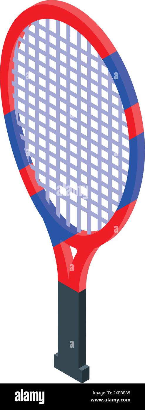 Red and blue tennis racket standing up on white background, isometric ...