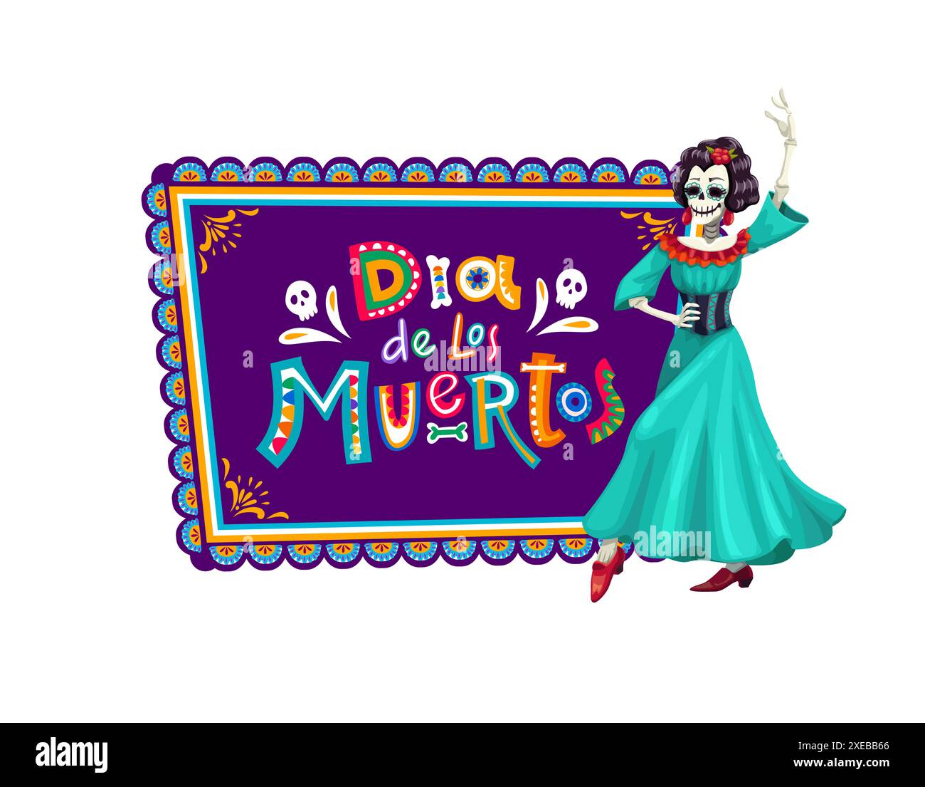 Day of the Dead Mexican holiday banner with dancing Catrina character ...