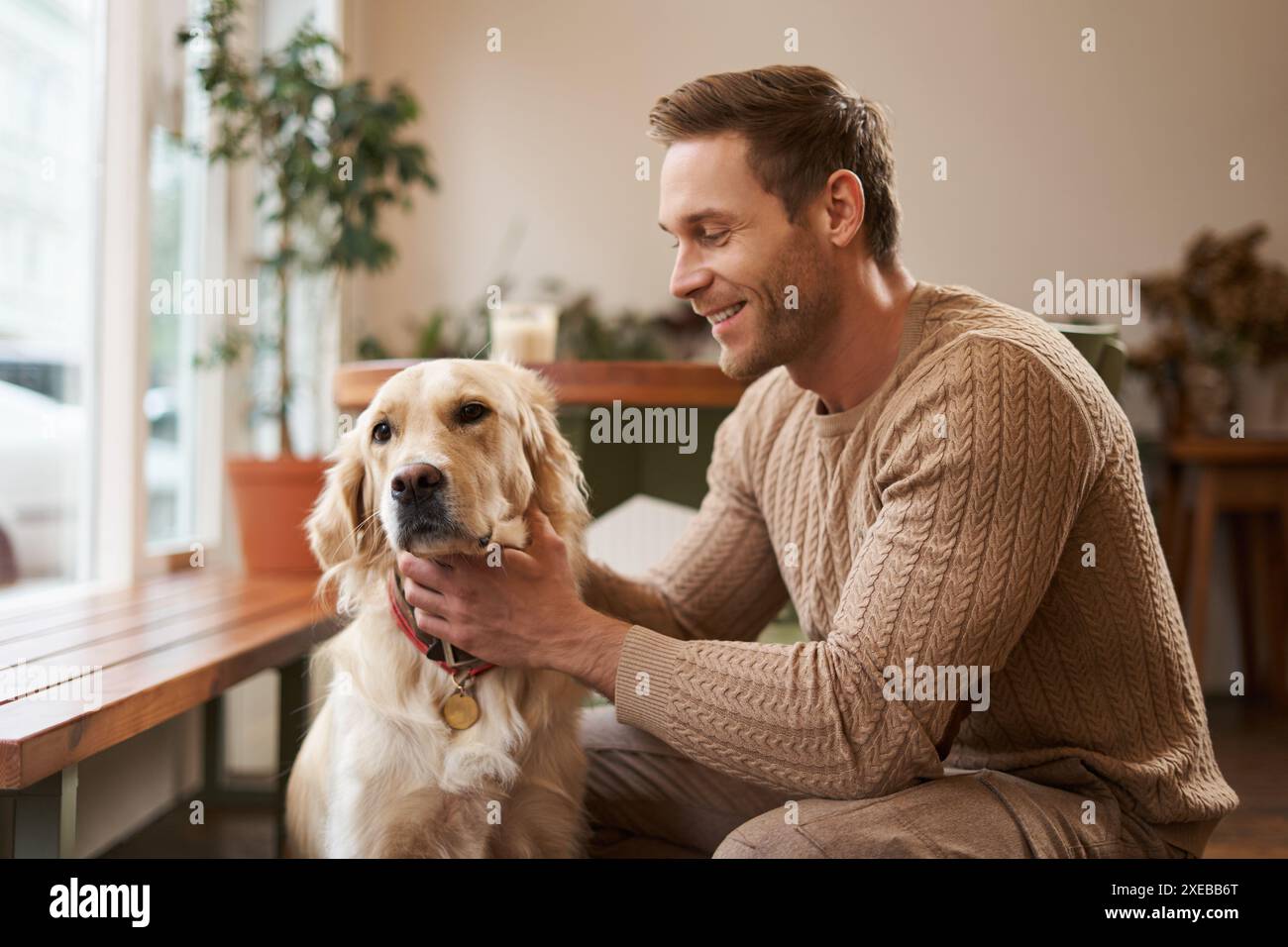 Dog friendly cafe and restaurants. Close up portrait of happy, handsome ...