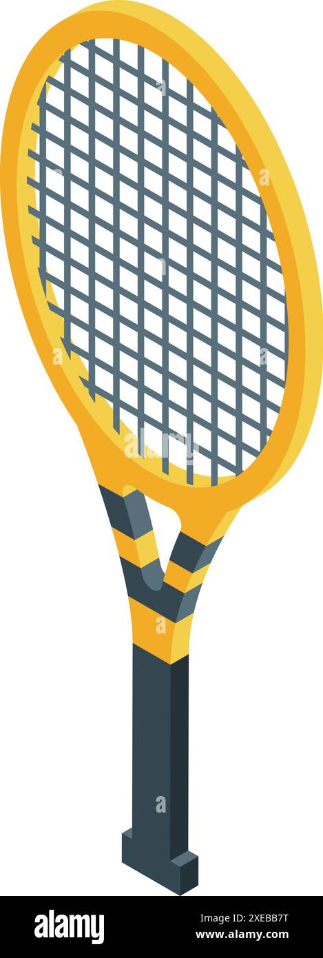 Yellow tennis racket standing on a white background, isometric view ...