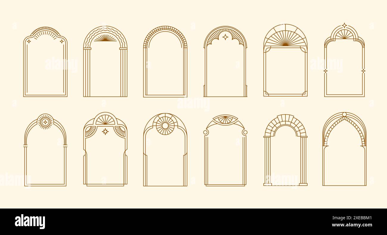 Art deco arch frames with vector borders of gold line geometric pattern ...
