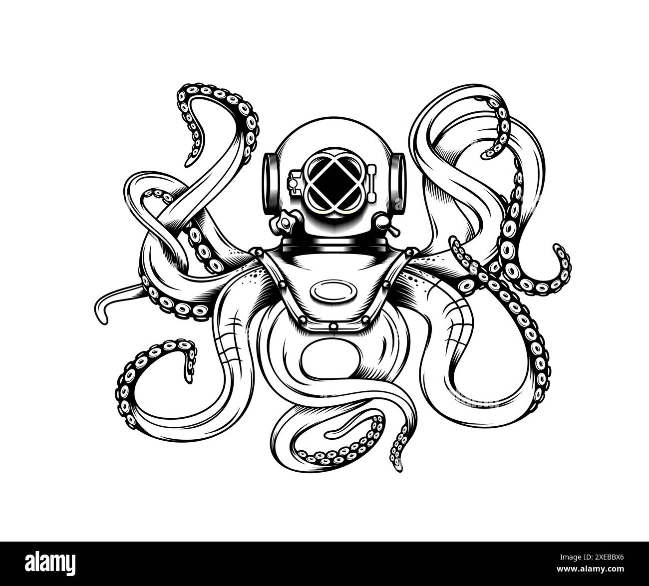 Octopus tattoo with tentacles and diver helmet. Vector hand drawn ...