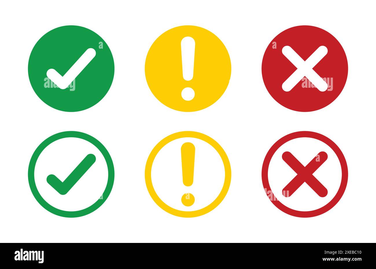 Set of flat round check mark, exclamation point, X mark icons, buttons isolated on a white ...