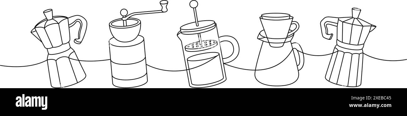 Coffee shop set one line continuous drawing. Small coffee grinder ...