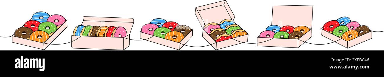 Set of delicious donuts one line colored continuous drawing. Bakery ...