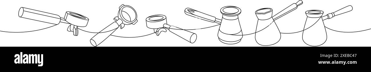 Coffee shop set one line continuous drawing. Portafilters for coffee ...