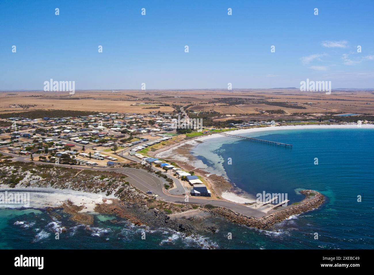 Aerial of Port Neill, a coastal town in South Australia, known for its ...