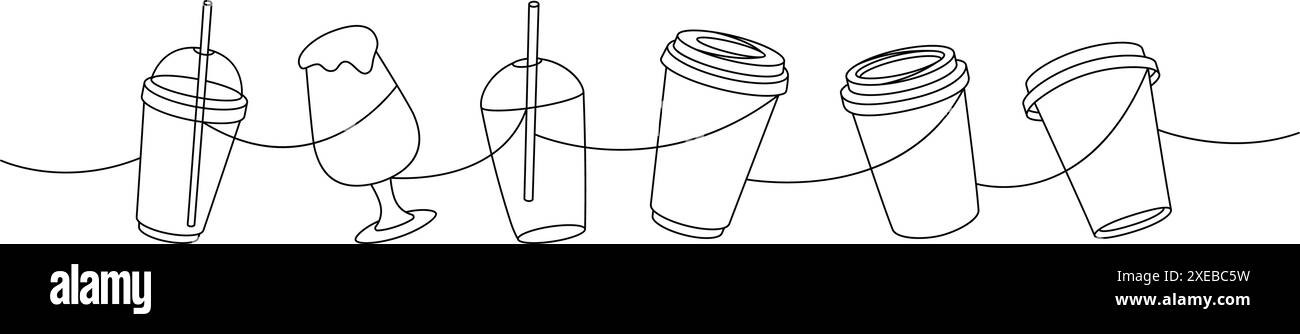 Takeaway coffee cups one line continuous drawing. Hand drawn elements ...