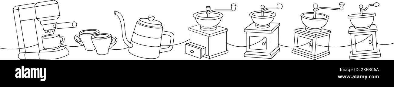 Coffee shop set one line continuous drawing. Coffee machine, espresso ...