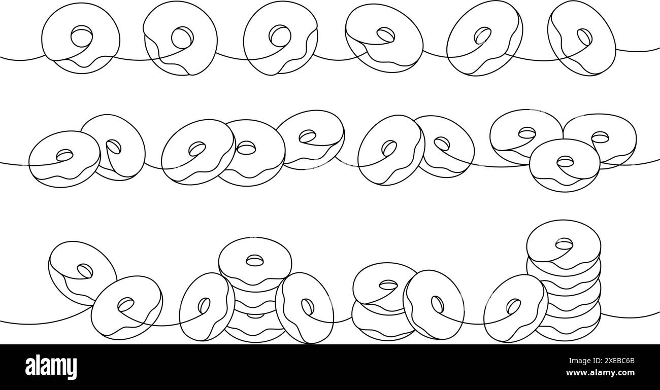 Glazed donut set. Delicious donuts one line continuous drawing. Bakery ...
