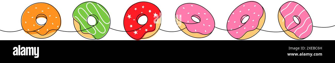 Donuts with icing set. Take away donuts one line colored continuous ...