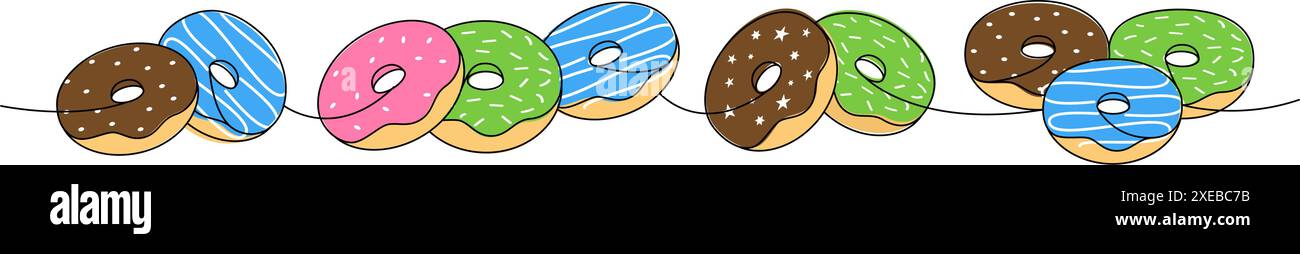 Glazed donut set. Take away donuts one line colored continuous drawing ...