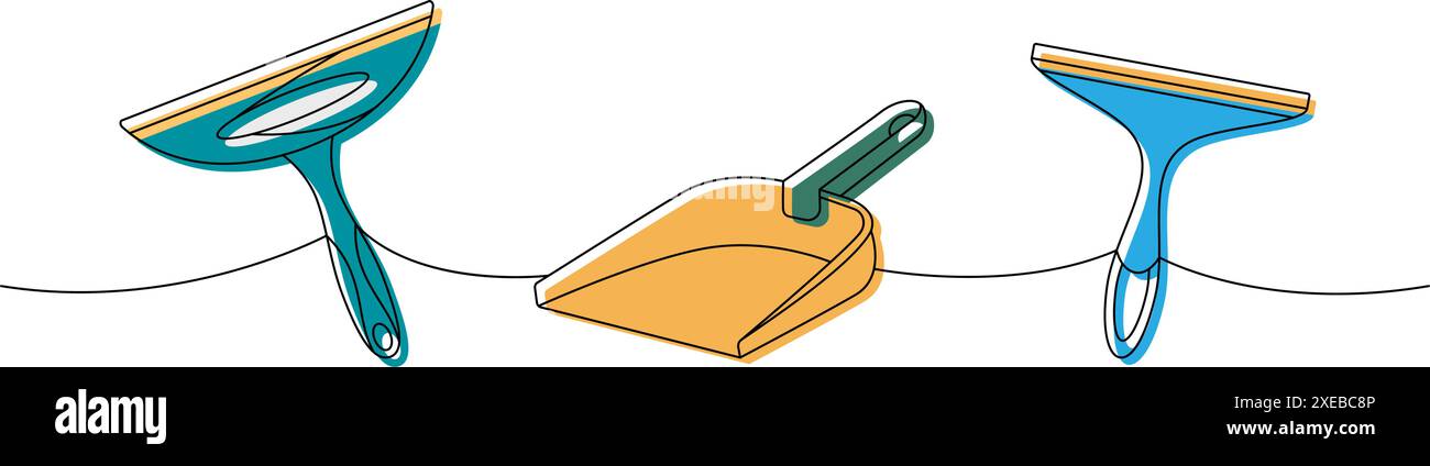 Set of cleaning tools one line colored continuous drawing. Squeegee ...