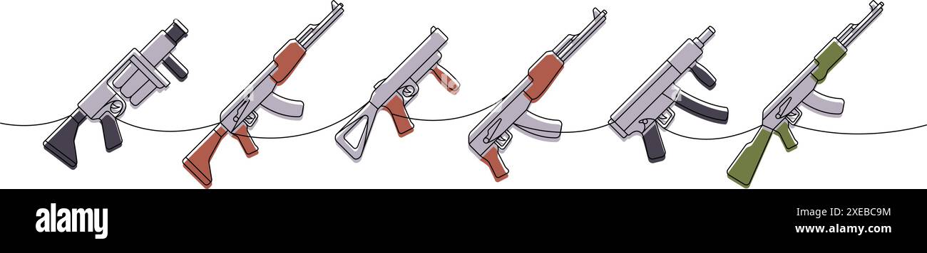 Military weapons one line colored continuous drawing. Grenade launcher ...