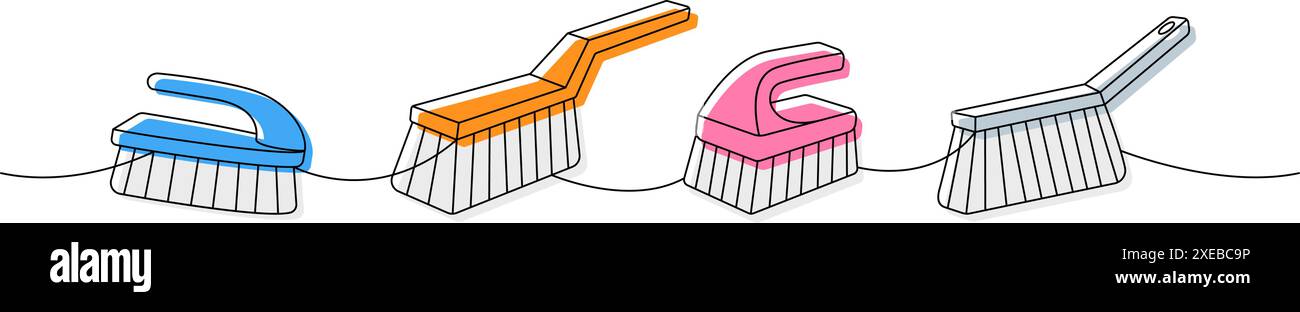 Cleaning brushes one line colored continuous drawing. Housekeeping ...