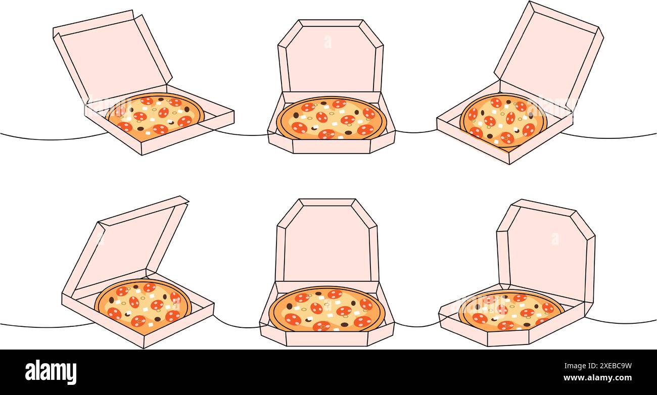 Set of pizza in boxes one line colored continuous drawing. Traditional ...