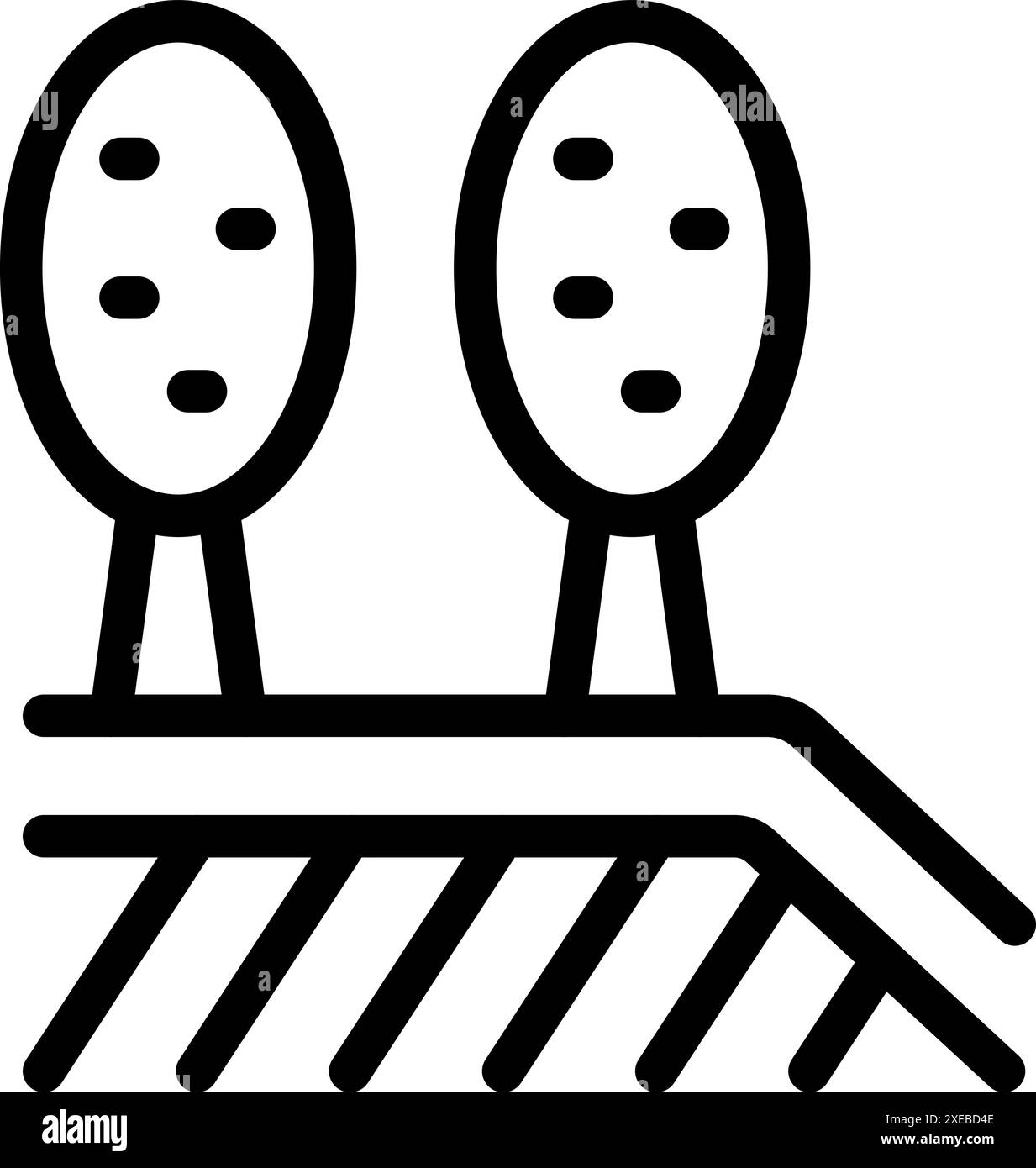 Two trees growing on eroded ground line icon, concept of soil erosion ...