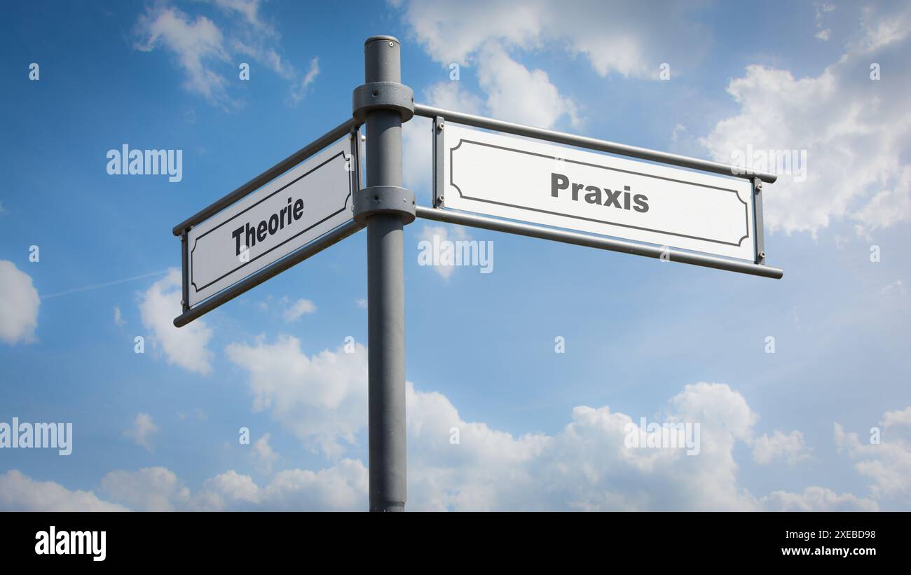 Signposts the direct way to practice versus theory Stock Photo - Alamy