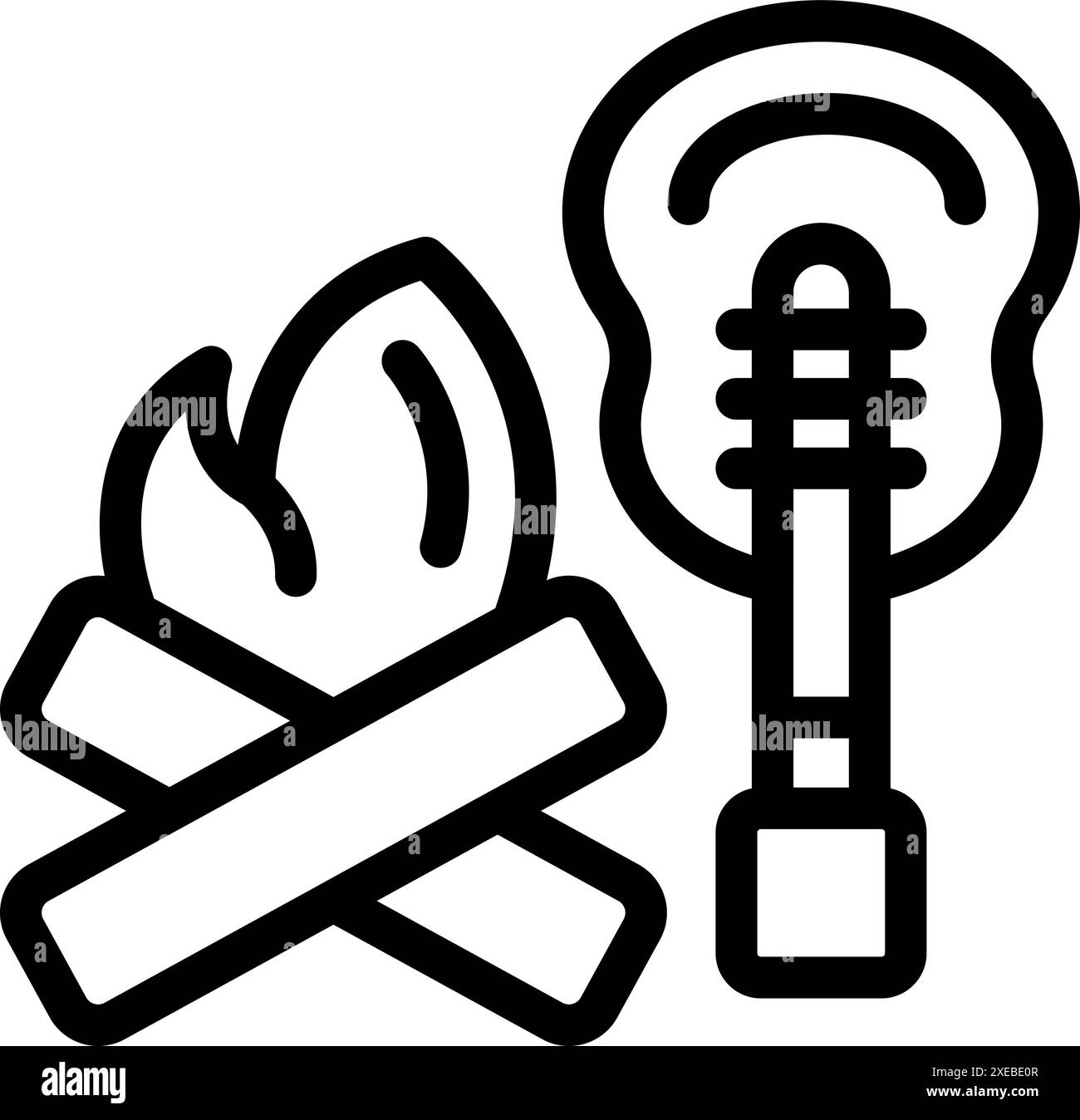 Simple line art icon of a campfire and a guitar, symbolizing outdoor ...