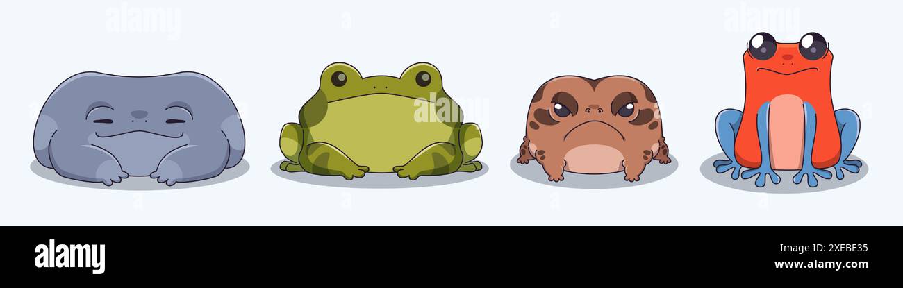 Cute aquatic and tropical frog character of different colors and ...