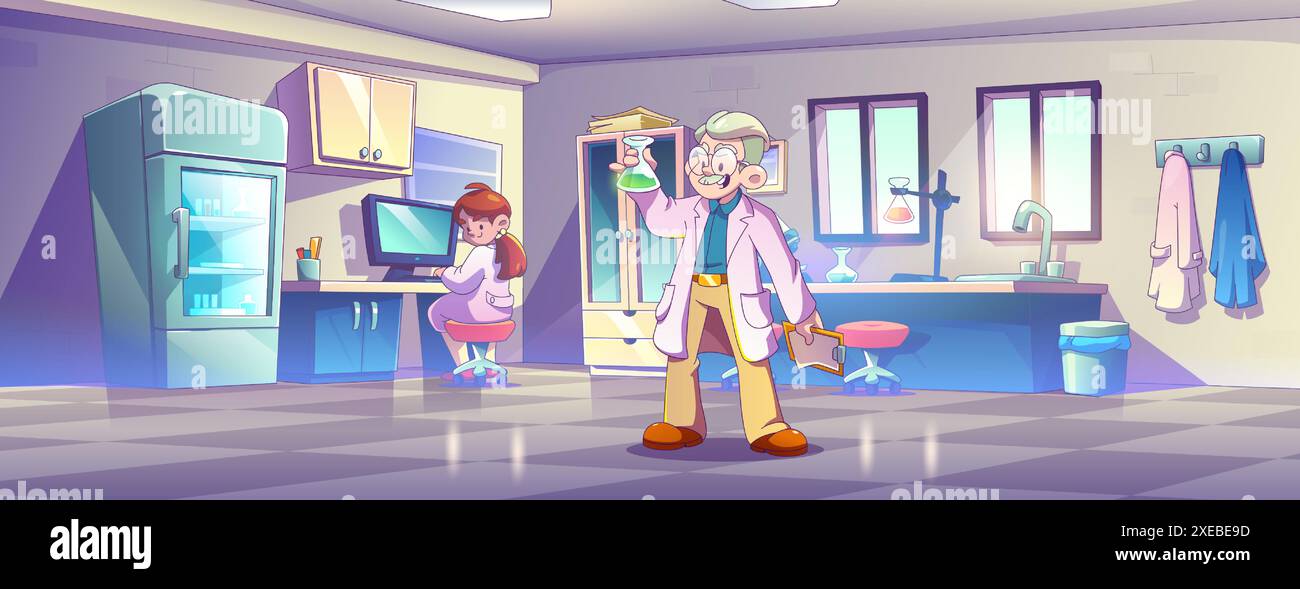 Science laboratory interior. Research room cartoon background. Medical ...