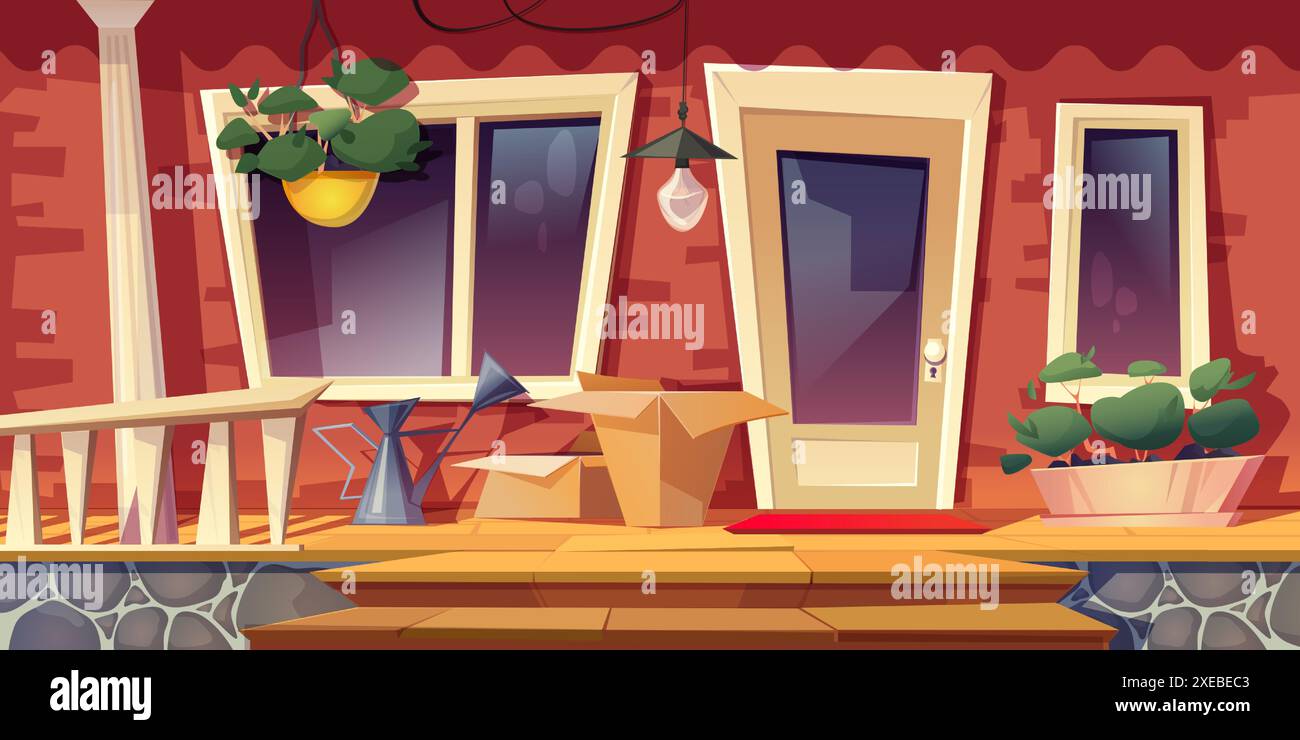 Suburban house front entrance door and porch with wooden floor and ...