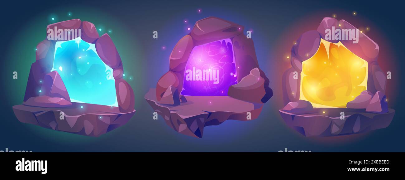 Stone arch fantasy door portal with magic neon glow. Game ui design of ...