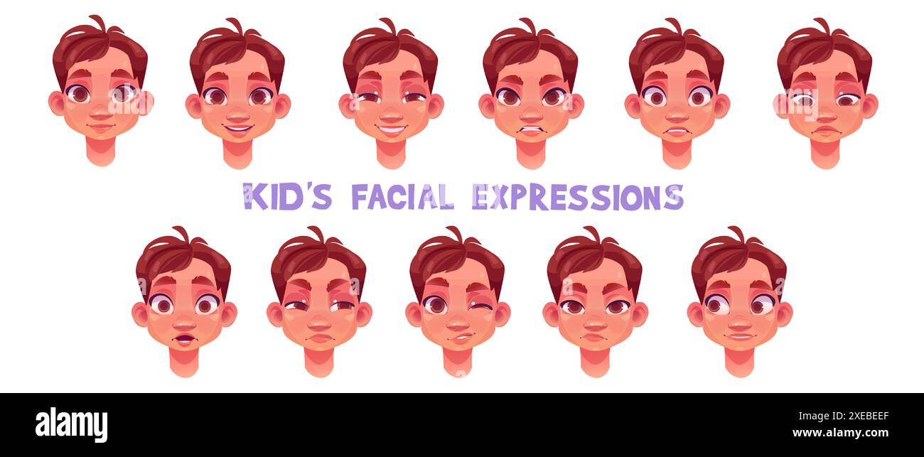 Boy facial expressions set isolated on white background. Vector cartoon ...