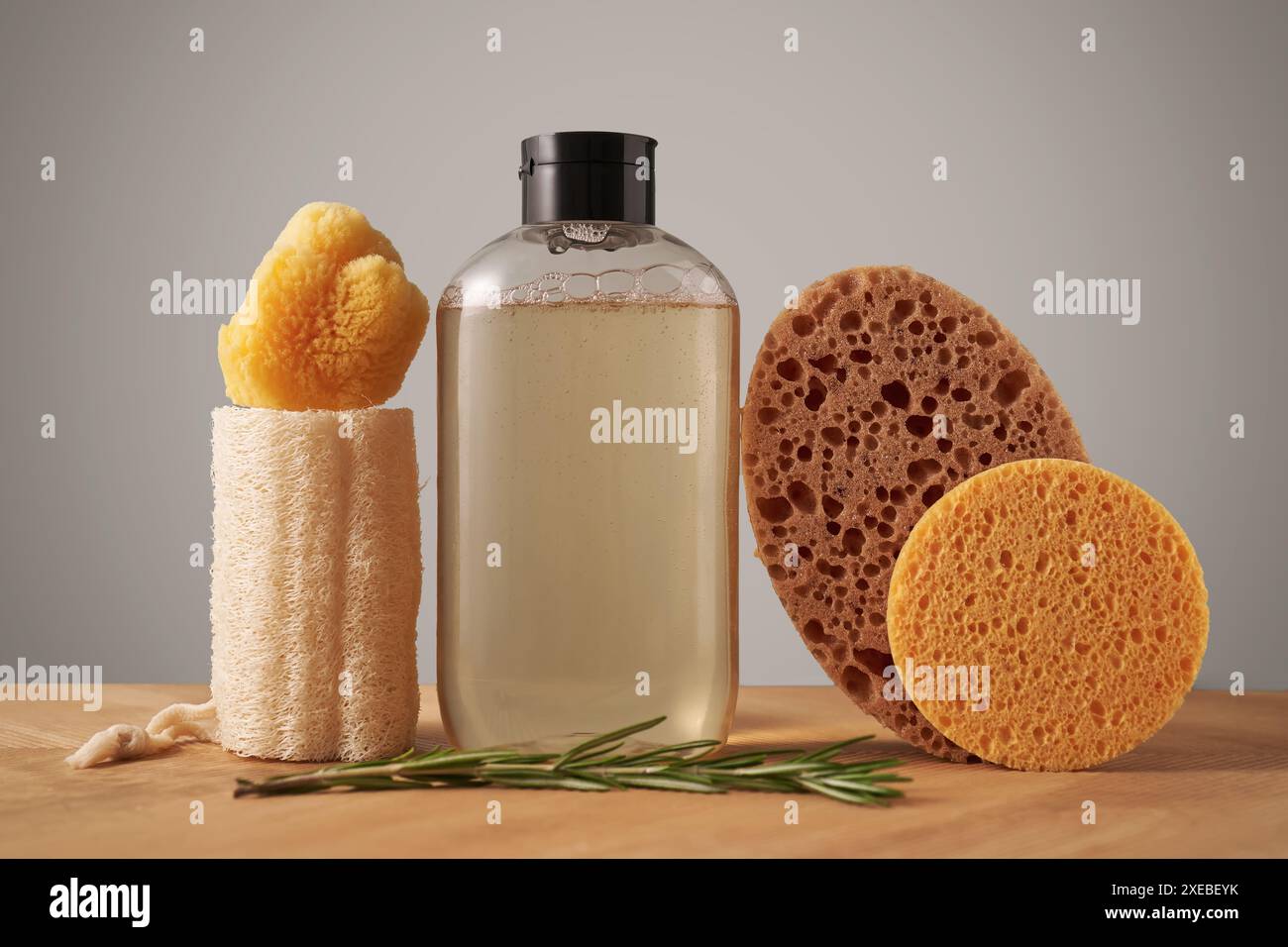 Composition of body gel and natural sponges Stock Photo - Alamy