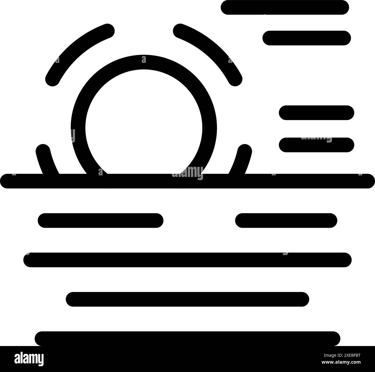 Black and white line art icon of the sun setting on the water with ...