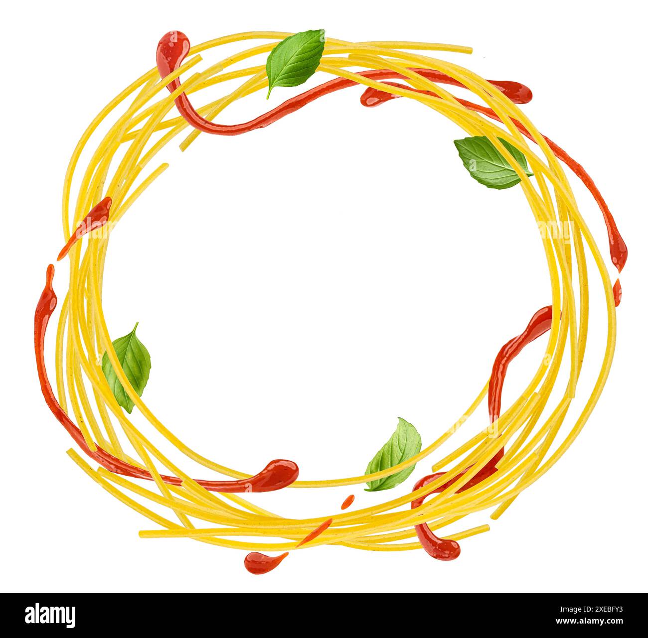 Spaghetti round frame, pasta ingredients isolated on white background ...