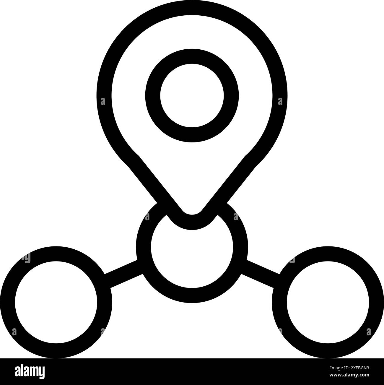 Simple black and white icon of a location pin connecting three circles ...