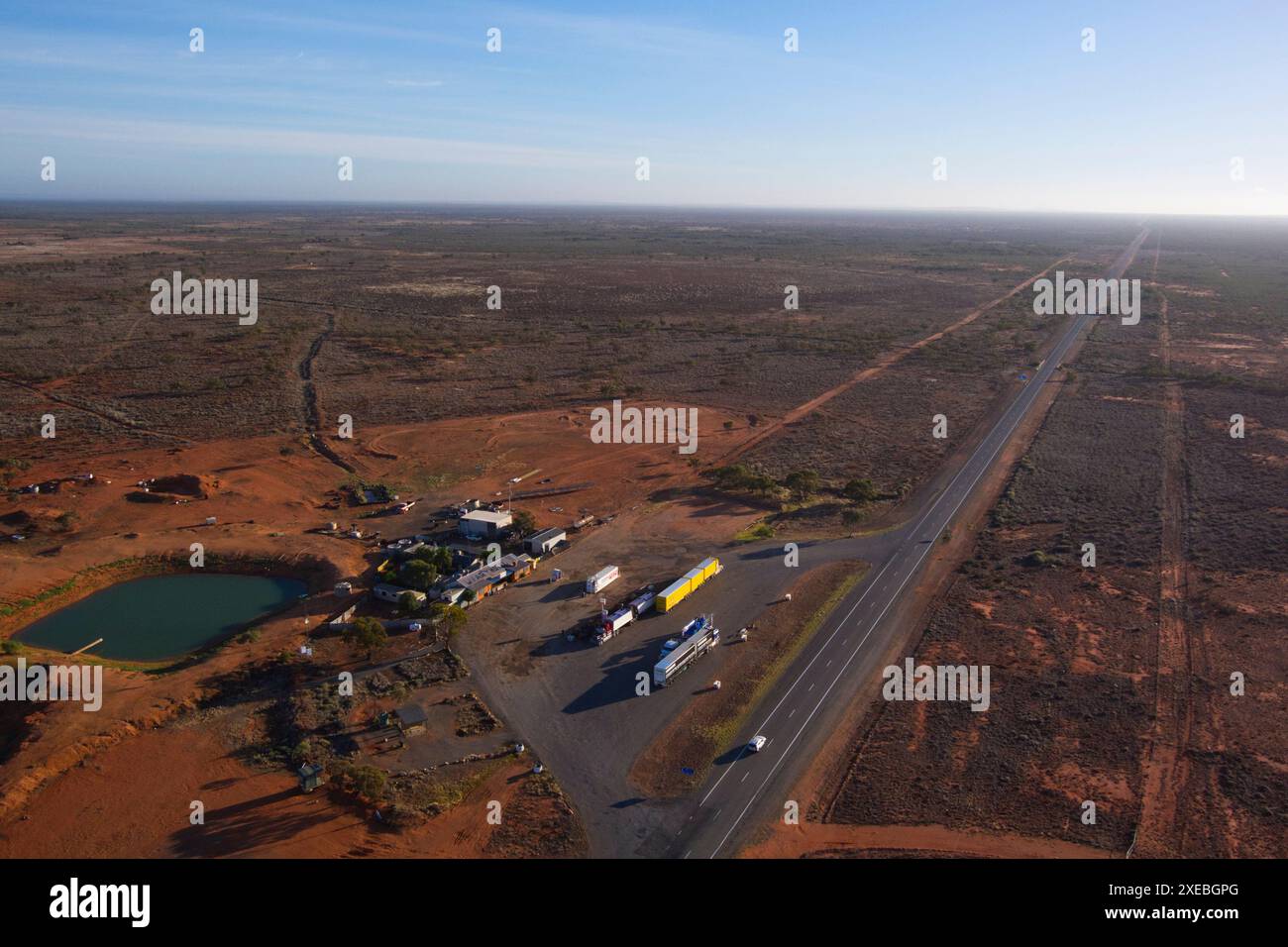 Aerial of the isolated Little Topar Hotel Roadhouse on the Barrier ...