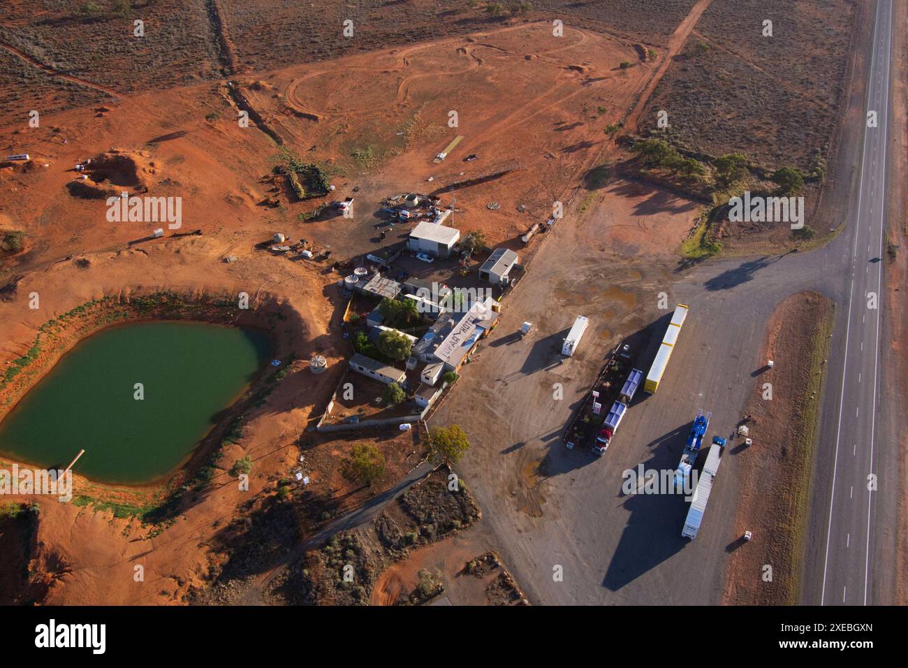 Aerial of the isolated Little Topar Hotel Roadhouse on the Barrier ...