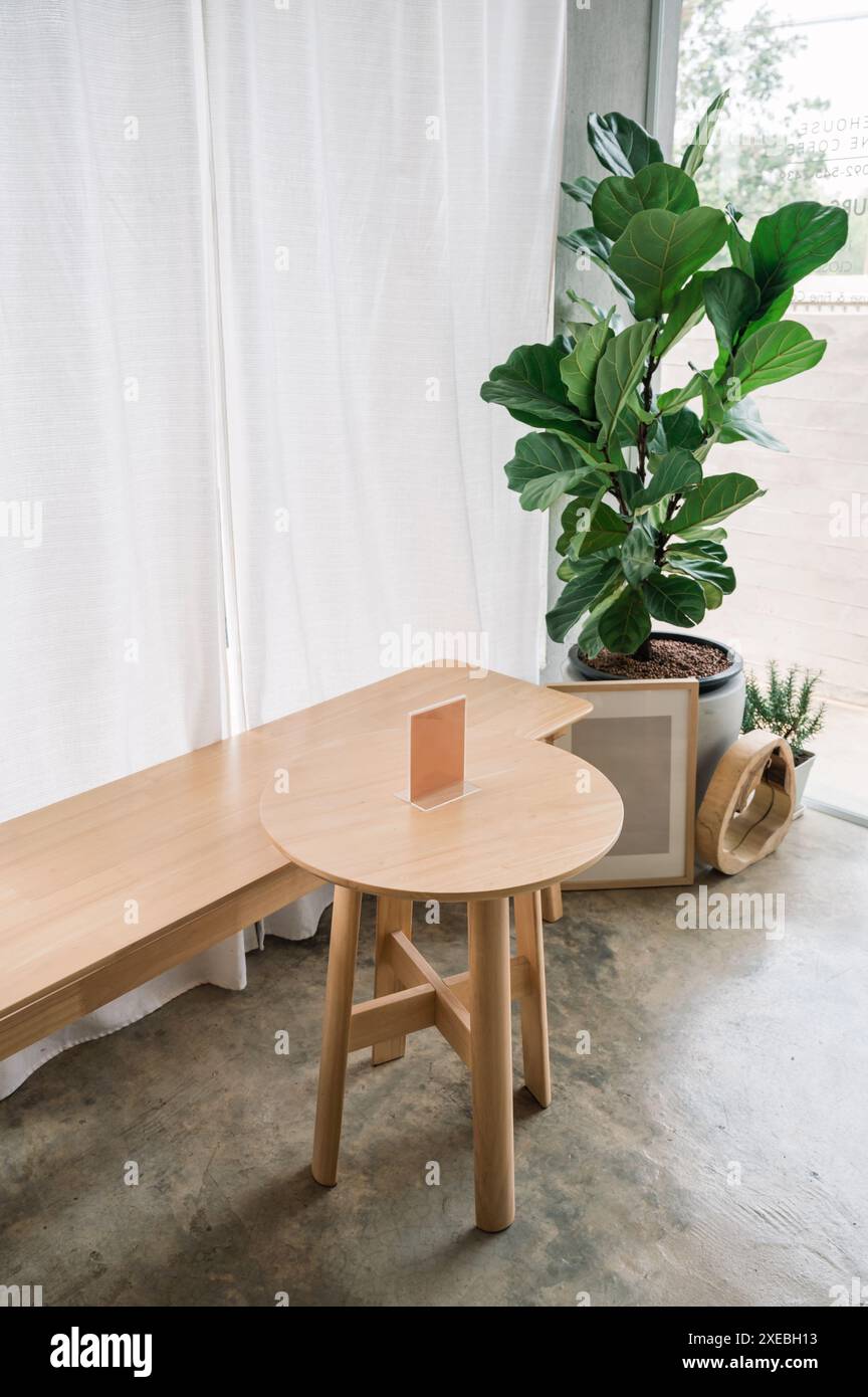 Minimalist interior of wooden table, label, seat, frame and fiddle fig ...