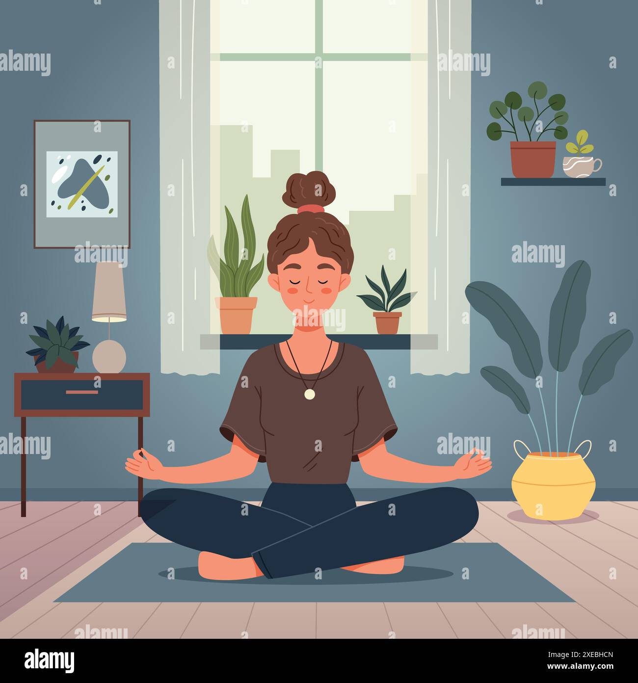 A girl meditates in a room with plants.Young woman with crossed legs ...