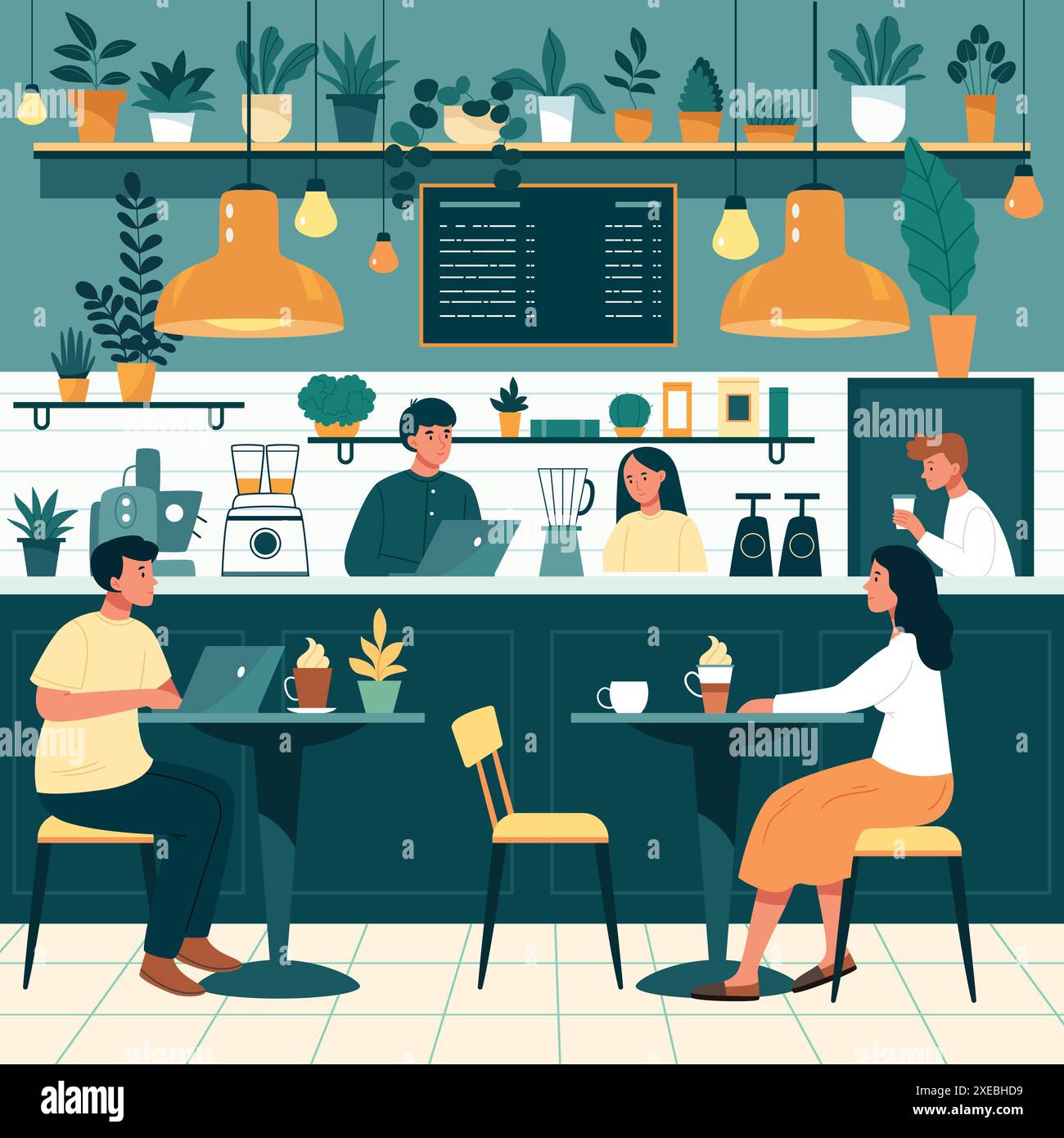 Cafe interior front view with lots of green plants and people having a ...