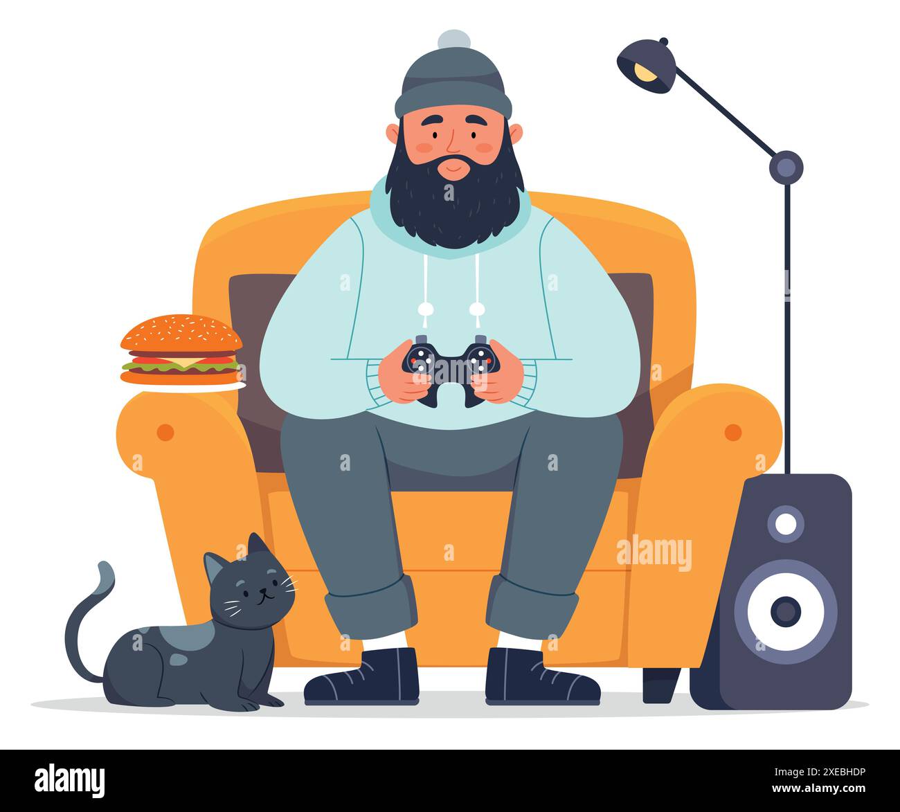 Bearded man playing in video game at chair with cat.A gamer eats a ...
