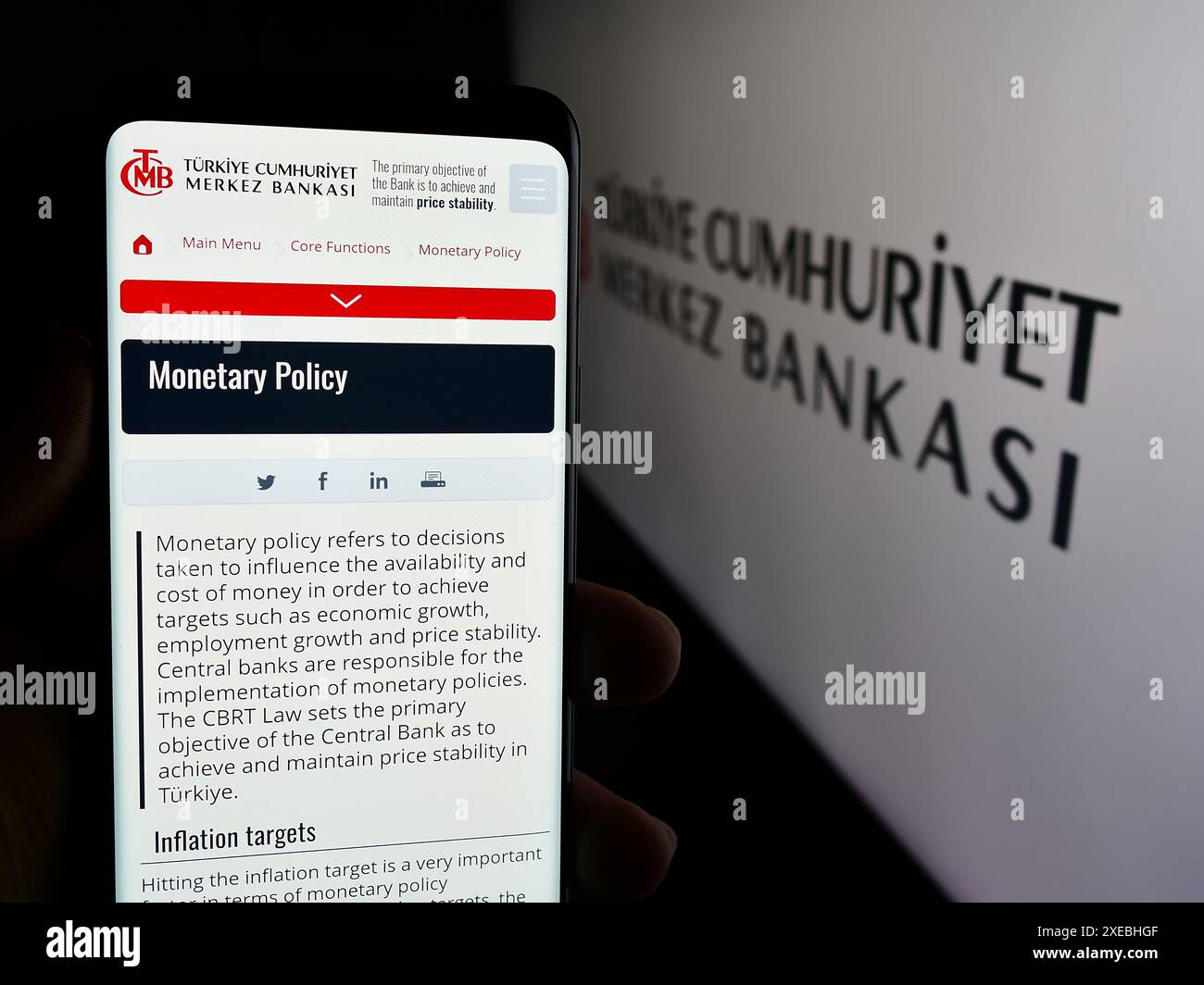 Person holding mobile phone with web page of Central Bank of the Republic of Turkey (TCMB) in ...