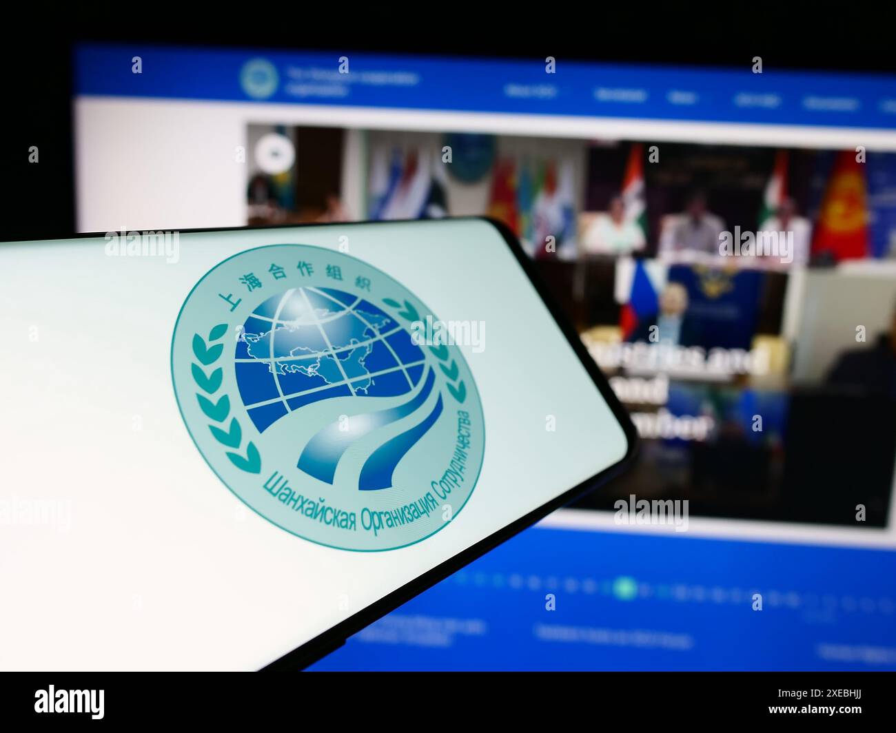 Cellphone with logo of Eurasian Shanghai Cooperation Organisation (SCO ...
