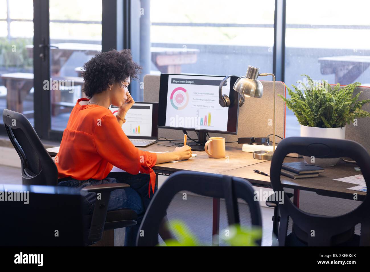 Analyzing department budget on computer screen, female business ...