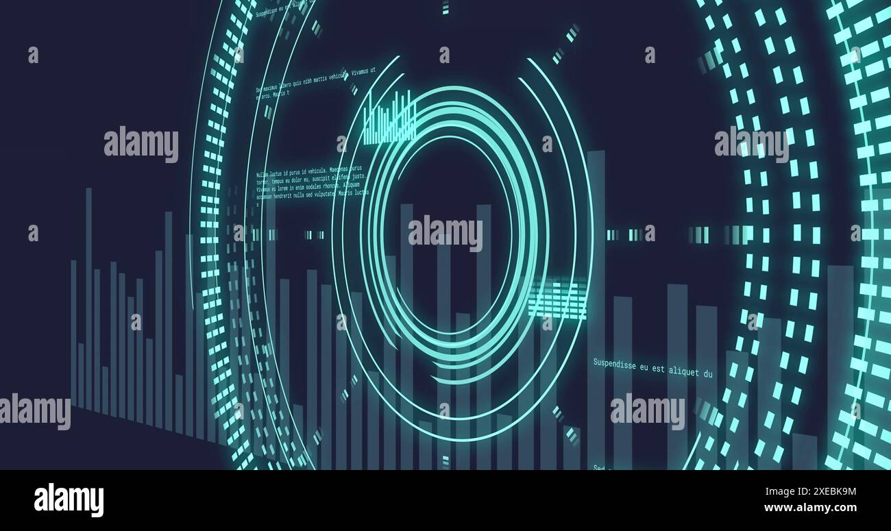Image of neon round scanner and statistical data processing against blue background Stock Photo ...