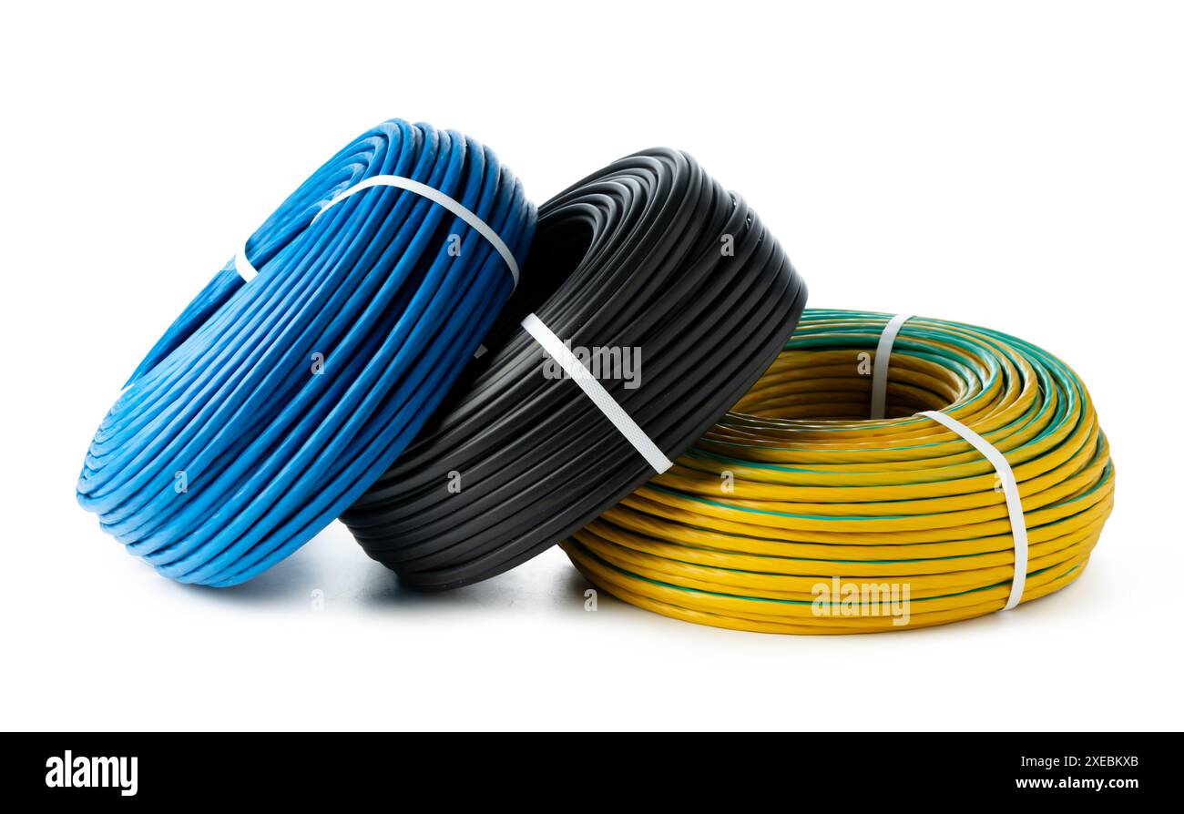 Three Rolls of Electrical Wire Isolated on White Background Stock Photo ...