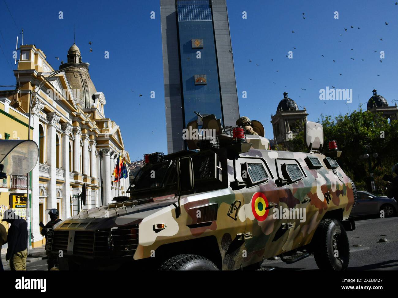 La Paz, Bolivia. 26th June, 2024. A military vehicle is seen near the ...