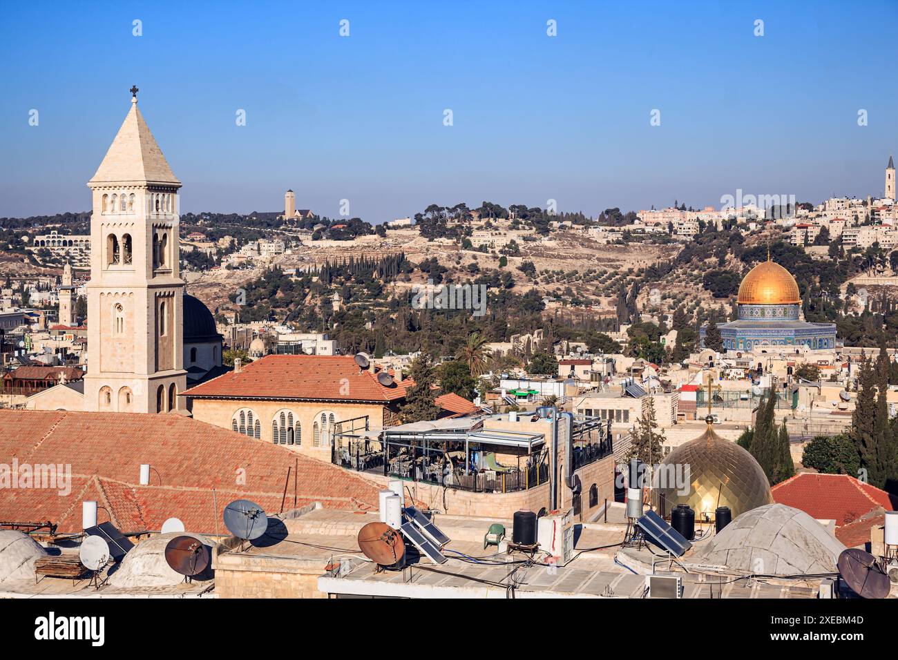Al Aqsa mosque with gilded dome. Rooftops of ancient Jerusalem ...