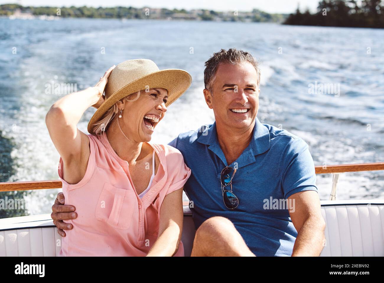 Mature couple, happy and yacht cruise for relax, bonding and holiday on ...