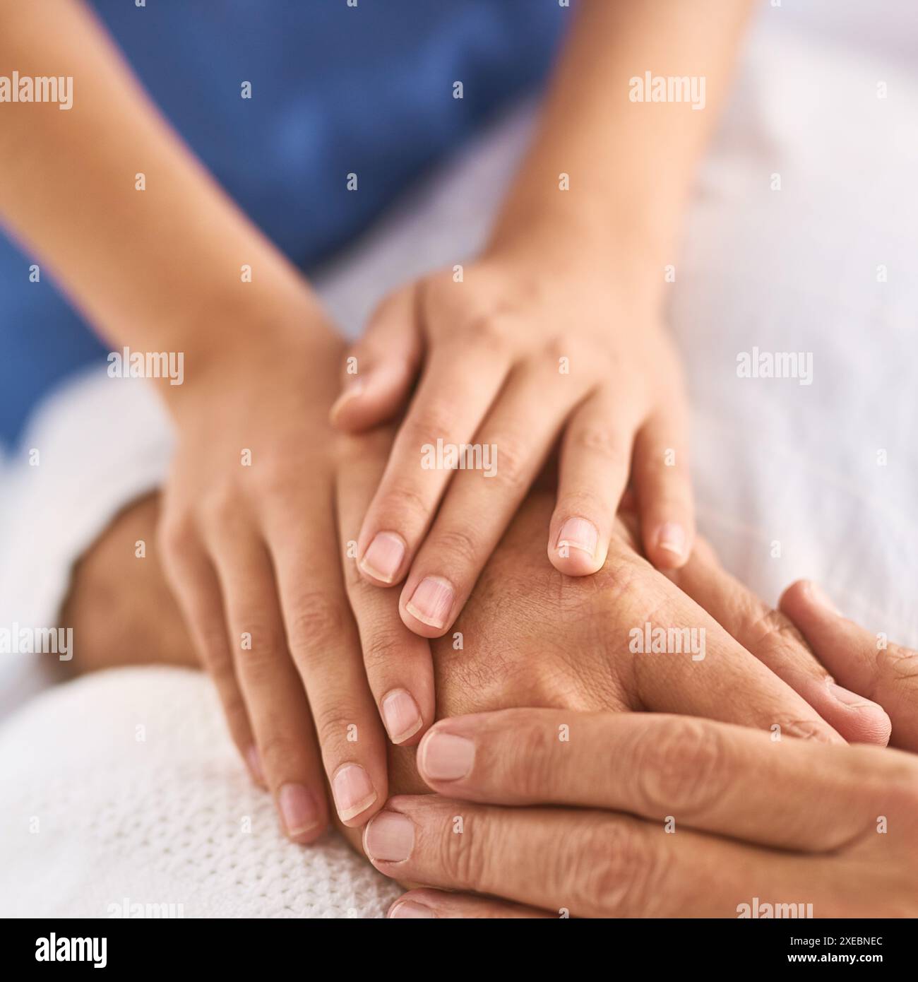 Support, patient and hands of nurse in hospital for recovery, sharing ...